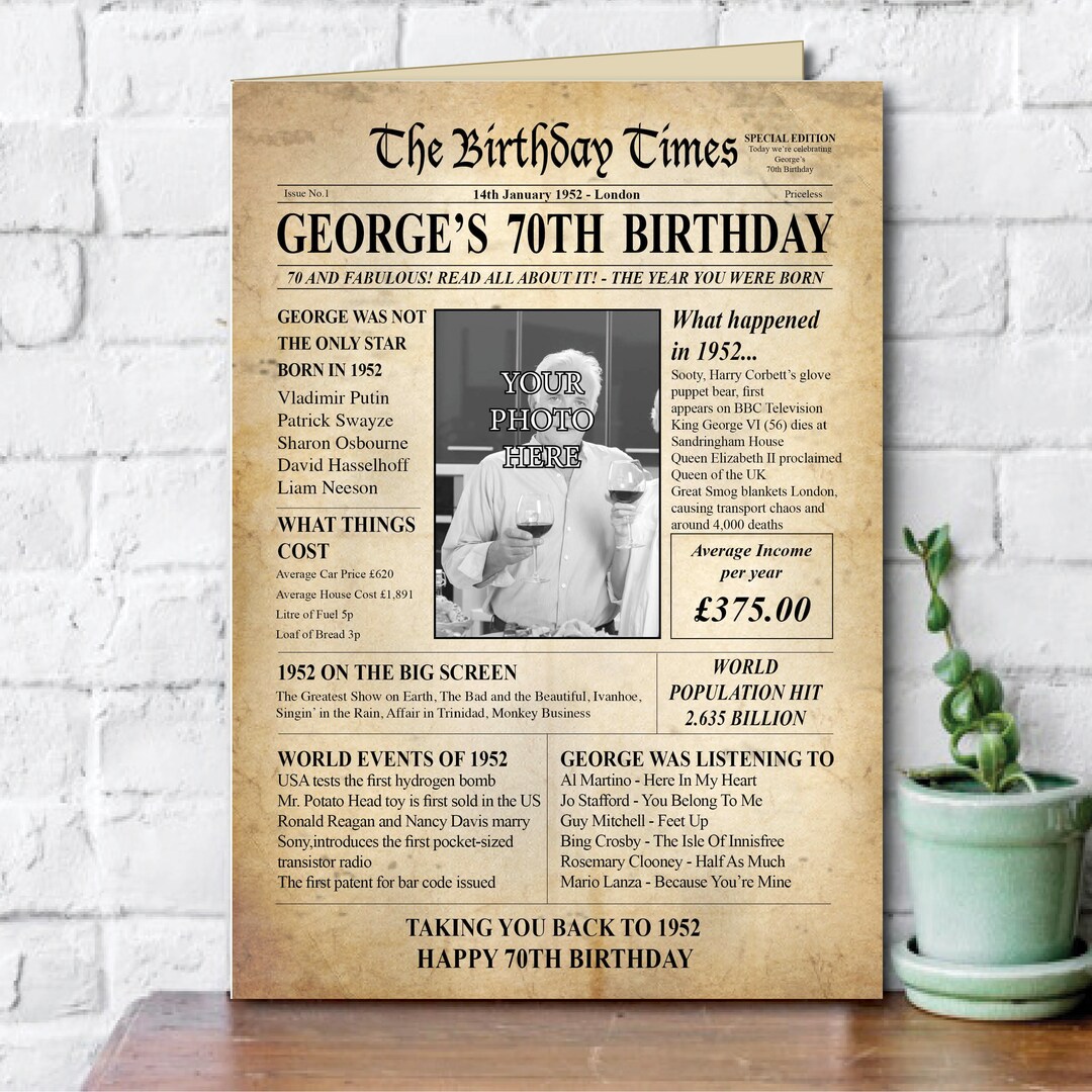 70th 1954 Personalised PHOTO Picture Birthday Greeting Card Facts News ...