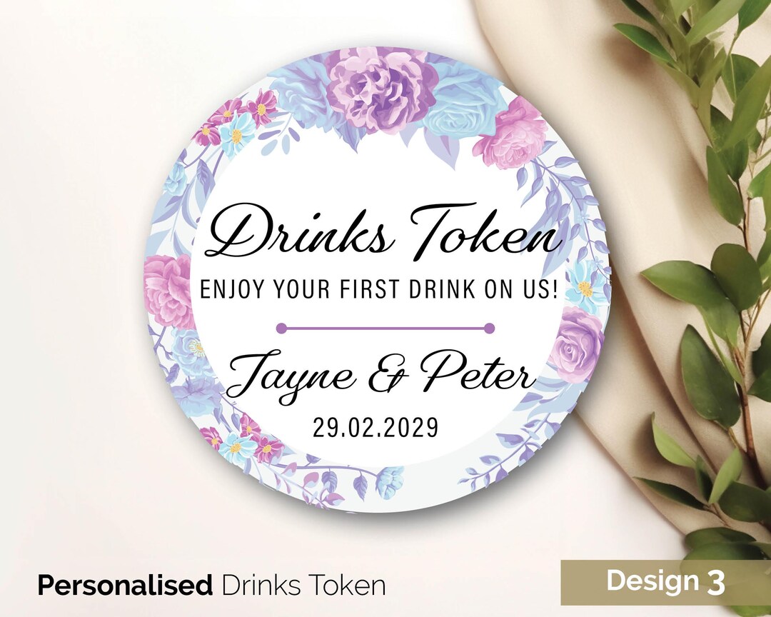 Personalised Pink Blue Wedding Drinks Token Favour, Custom Wedding ...