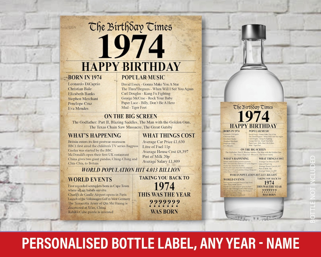 1974 50th Personalised Bottle Label Birthday Year Born UK Facts for ...