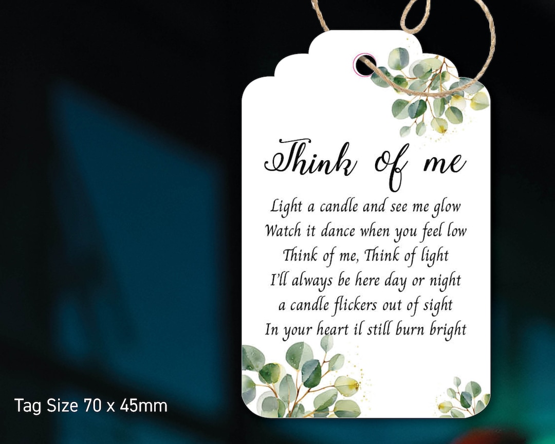 Think of Me Gift Tags, Thank You Tag With Light a Candle Poem Funeral ...