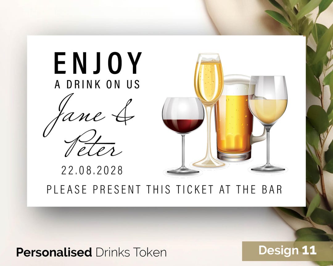 Personalised Free Bar Drink Gift Wedding Drinks Token Favour Custom ...