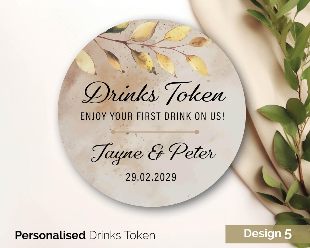 Personalised Gold Leaf Wedding Drinks Token Favour, Custom Wedding ...