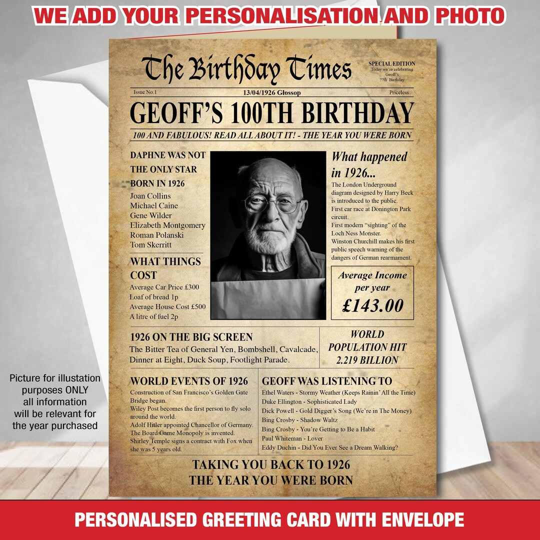 100th 1926 Personalised PHOTO Picture Birthday Greeting Card Facts News ...