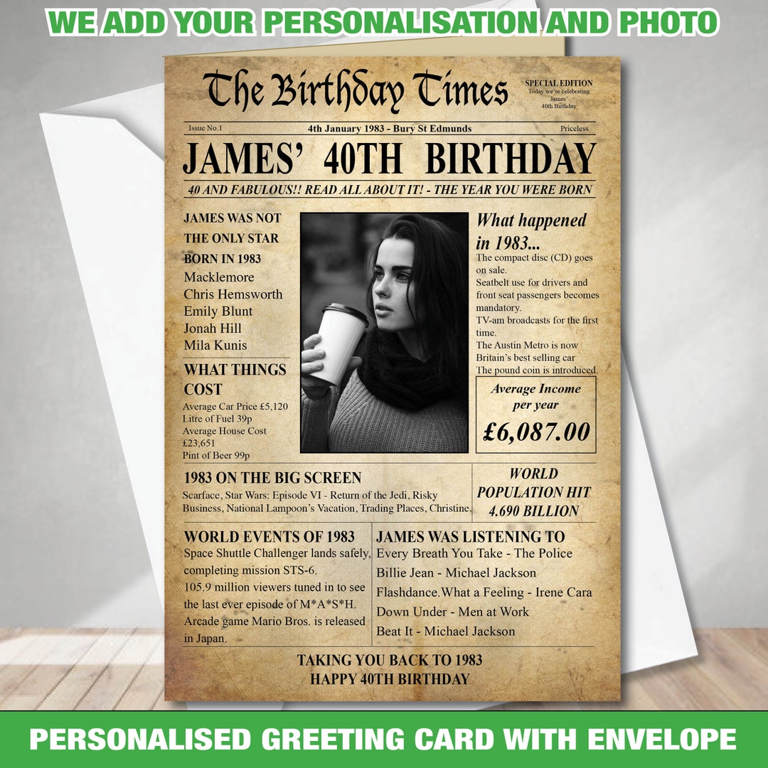 40th 1985 Personalised PHOTO Picture Birthday Greeting Card Facts News ...