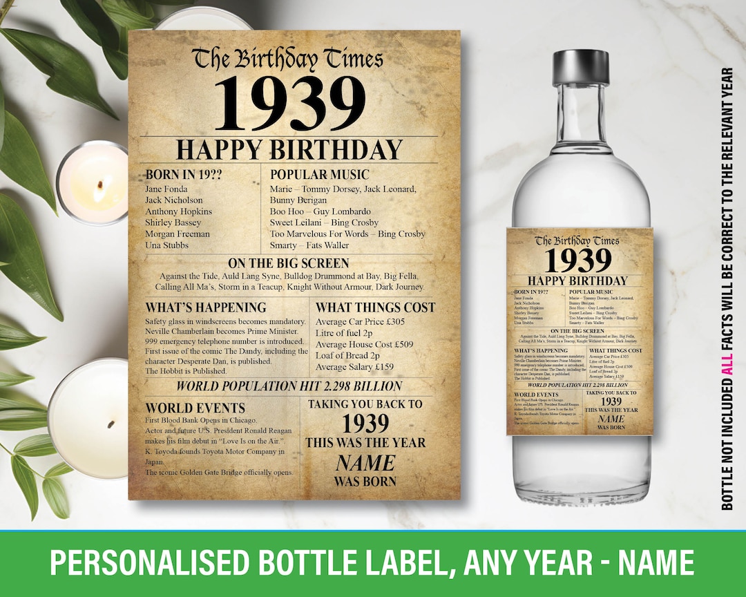 1939 85th Personalised Bottle Label Sticker Birthday Year Born Facts ...
