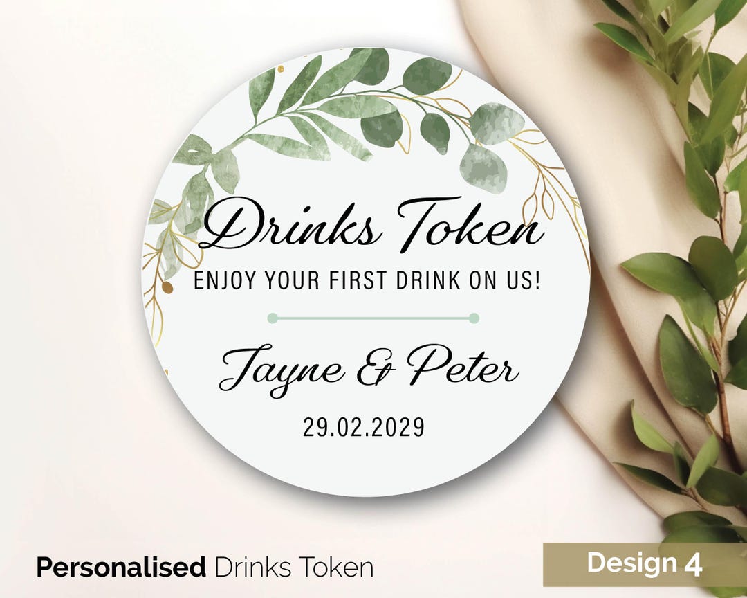 Personalised Gold Eucalyptus Wedding Drinks Token Favour, Custom ...