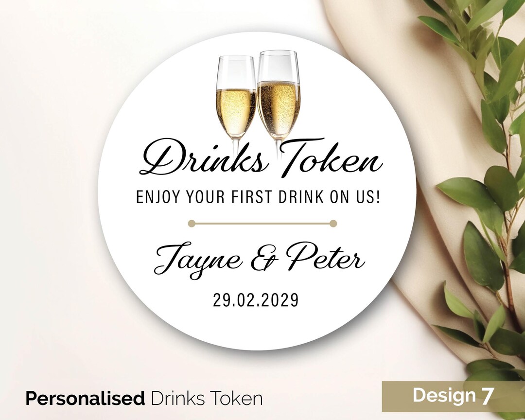 Personalised Champagne Wedding Drinks Token Favour, Drinks Tokens ...