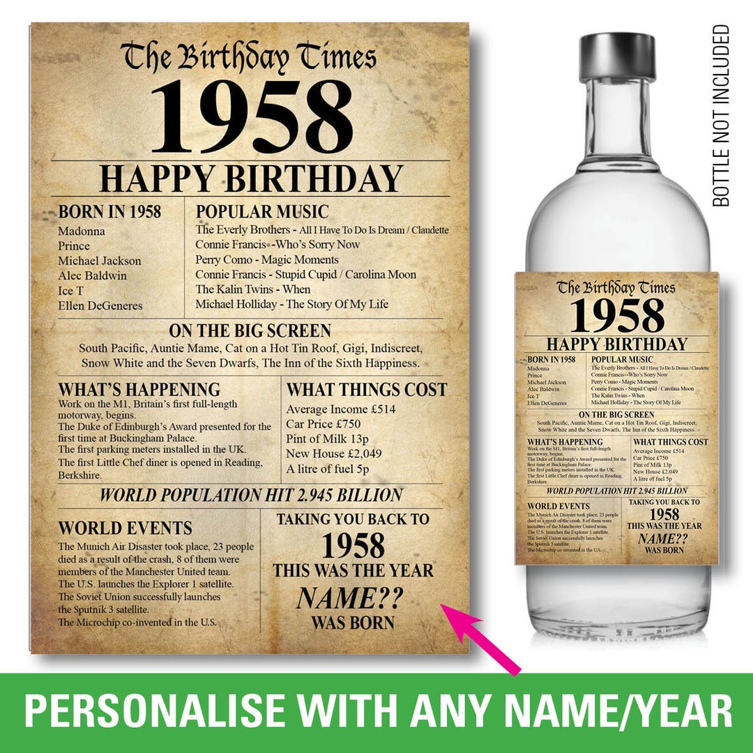 1959 65th Personalised Bottle Label Birthday Year Born Facts for Wine ...