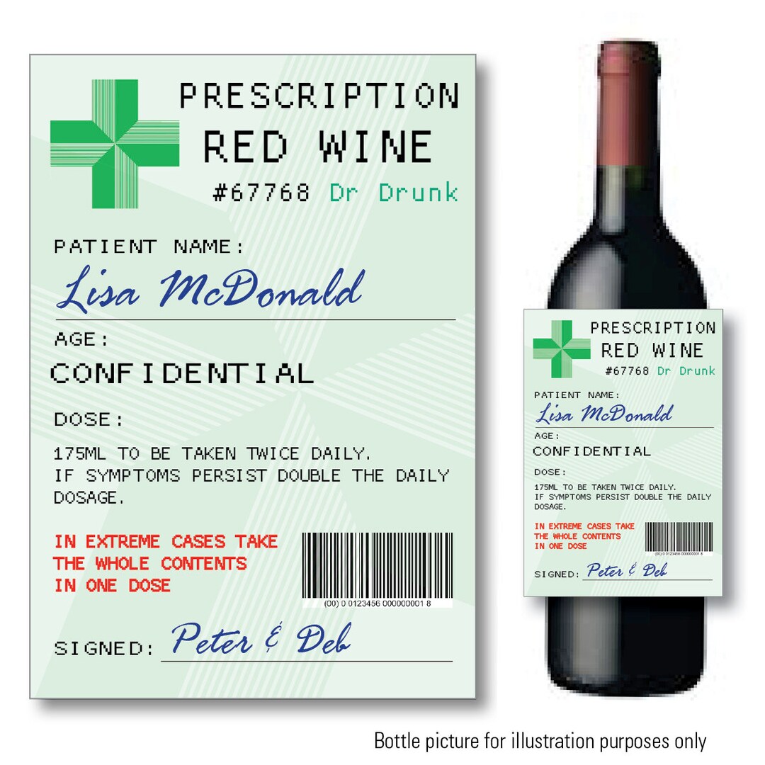 Novelty Prescription Label Red White Wine Rose Gin Bottle Label Sticker ...