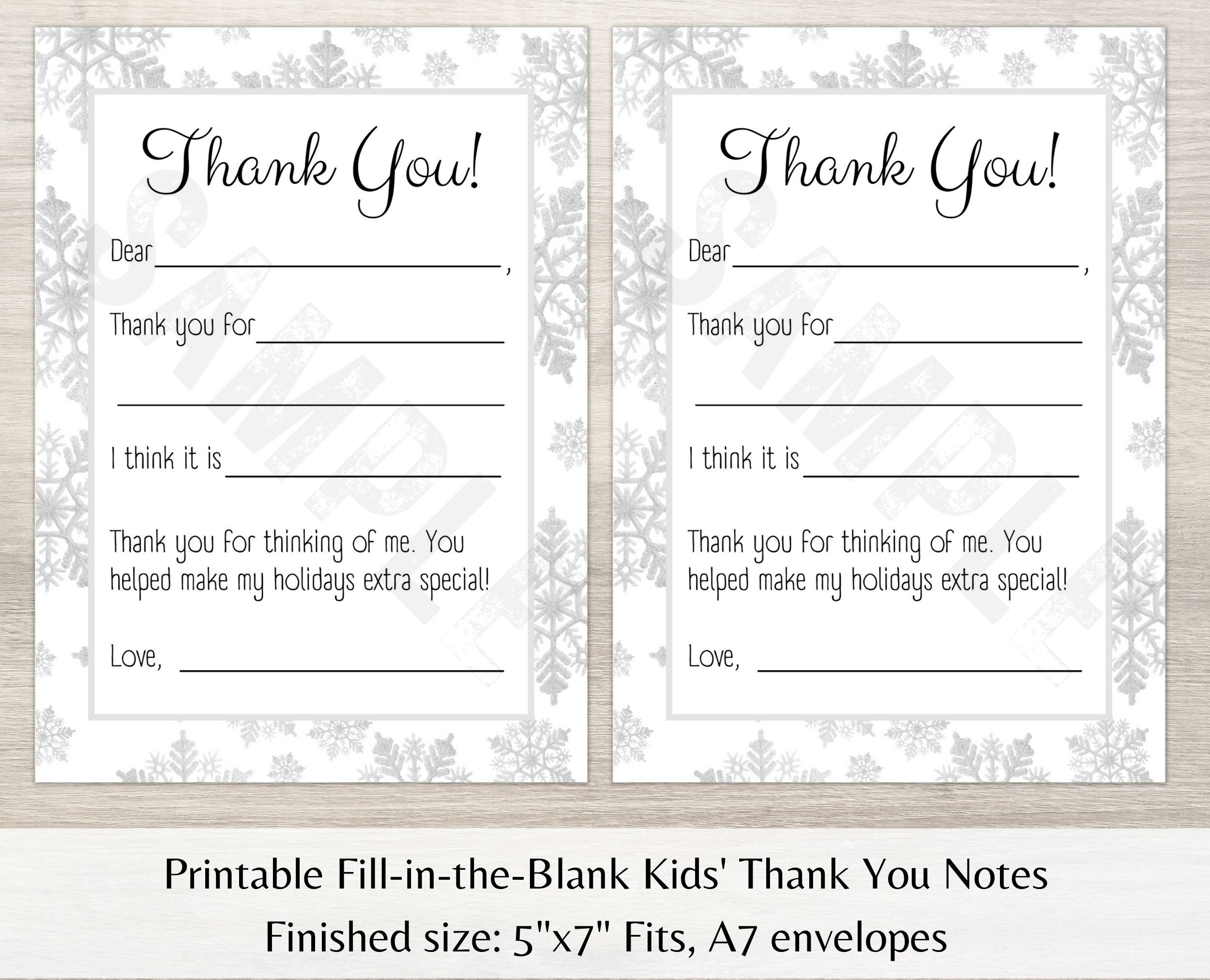 Printable Holiday Thank You Card for Kids Snowflakes Fill in - Etsy
