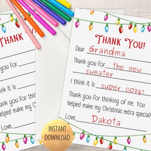 Printable Christmas Thank You Card for Kids, Fill in the Blanks, Thank ...