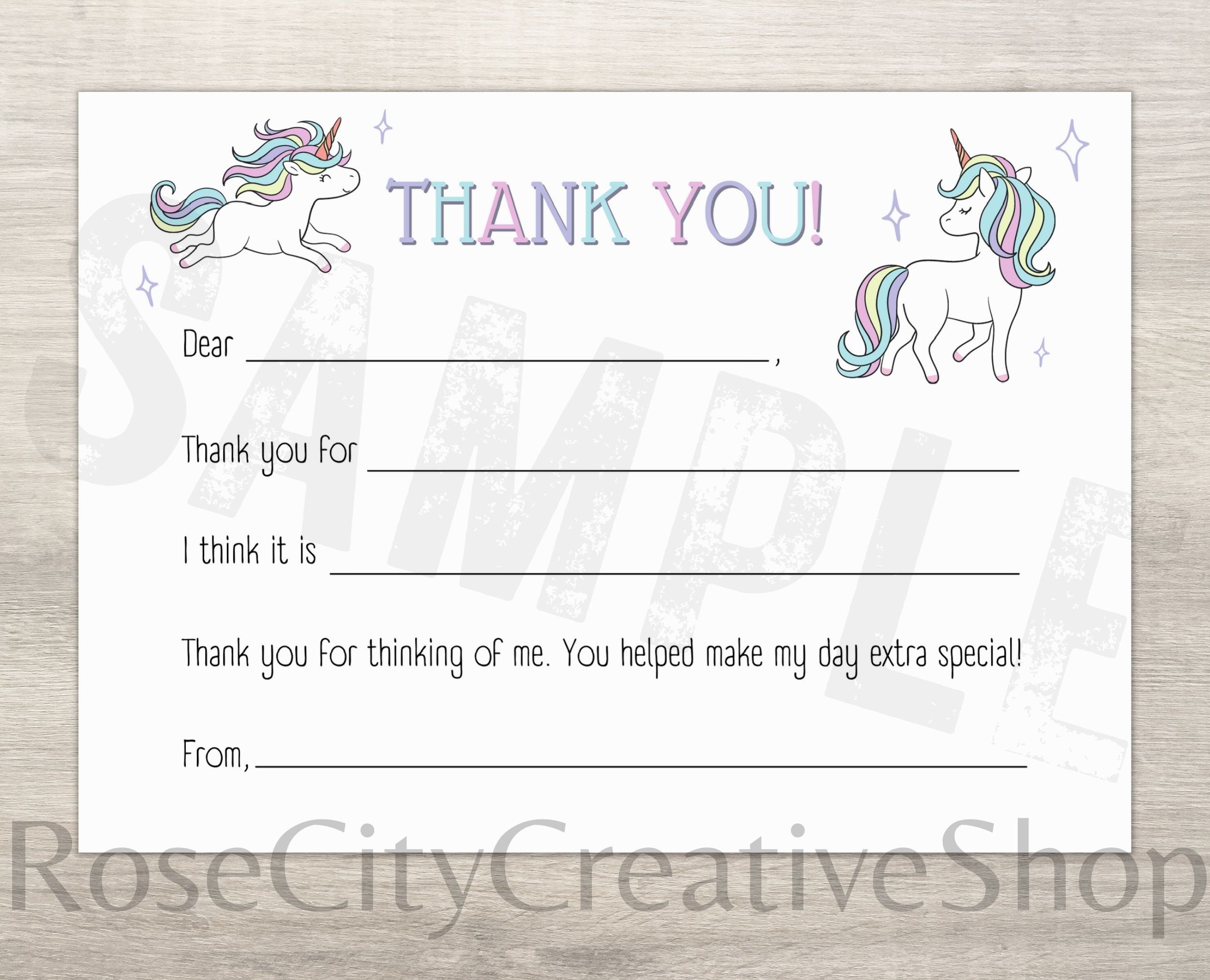 Printable Unicorn Thank You Card for Kids, Fill in the Blanks, Rainbow ...