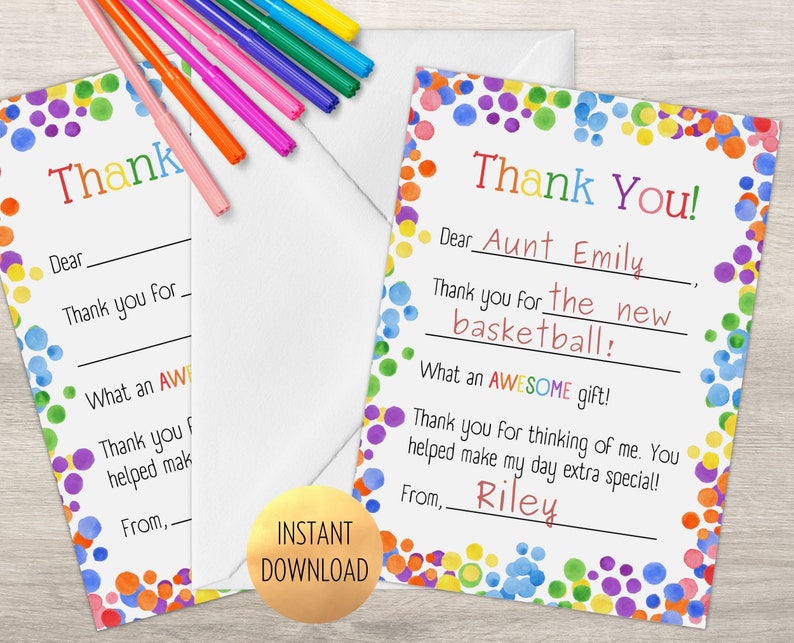 Printable Thank You Cards for Kids, Fill in the Blanks, Colorful ...