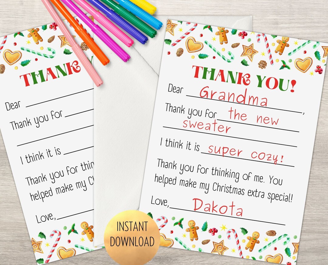 Printable Christmas Thank You Cards for Kids, Fill in the Blanks, Thank ...