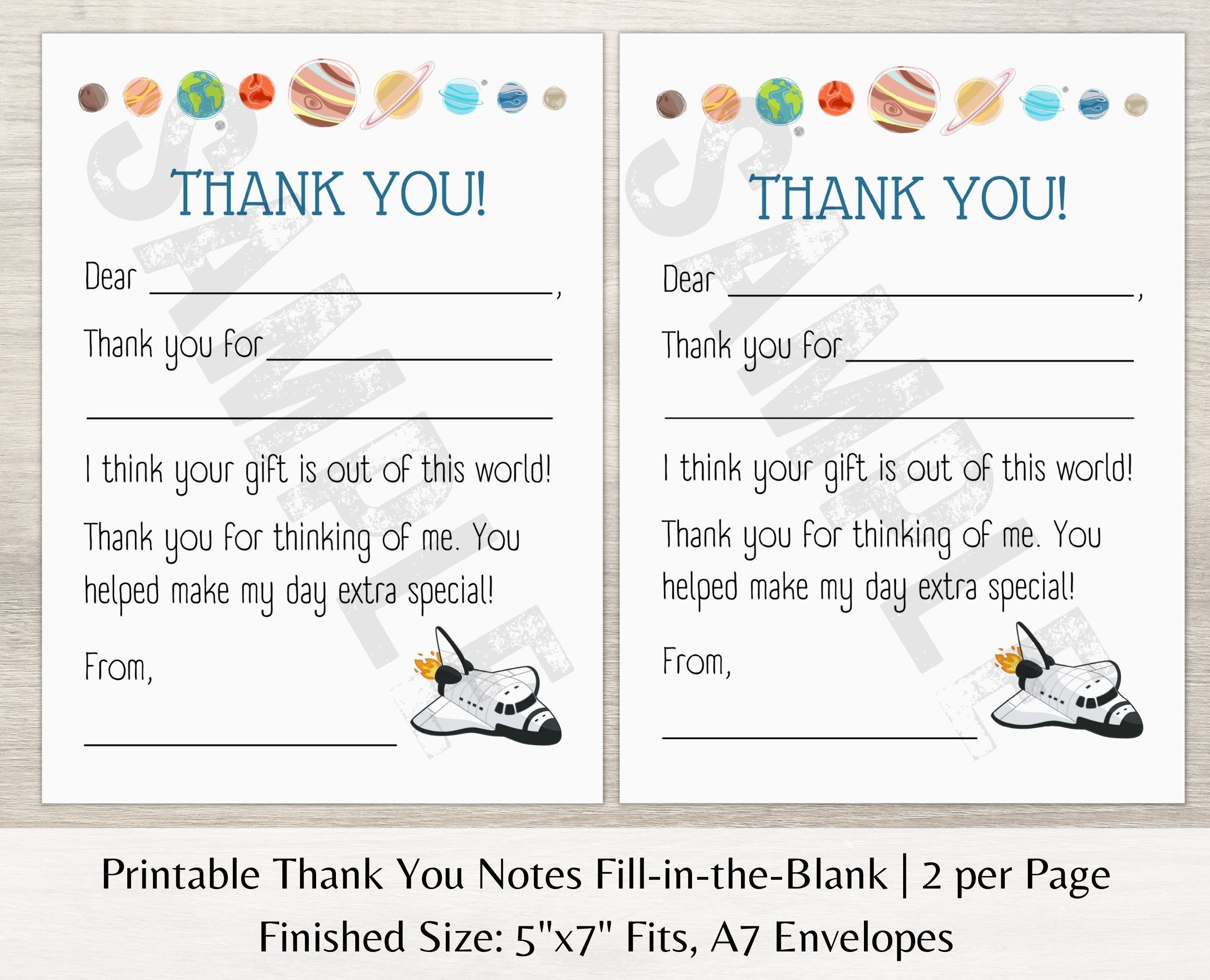 Printable Thank You Cards for Kids, Fill in the Blanks, Stars, Planets ...