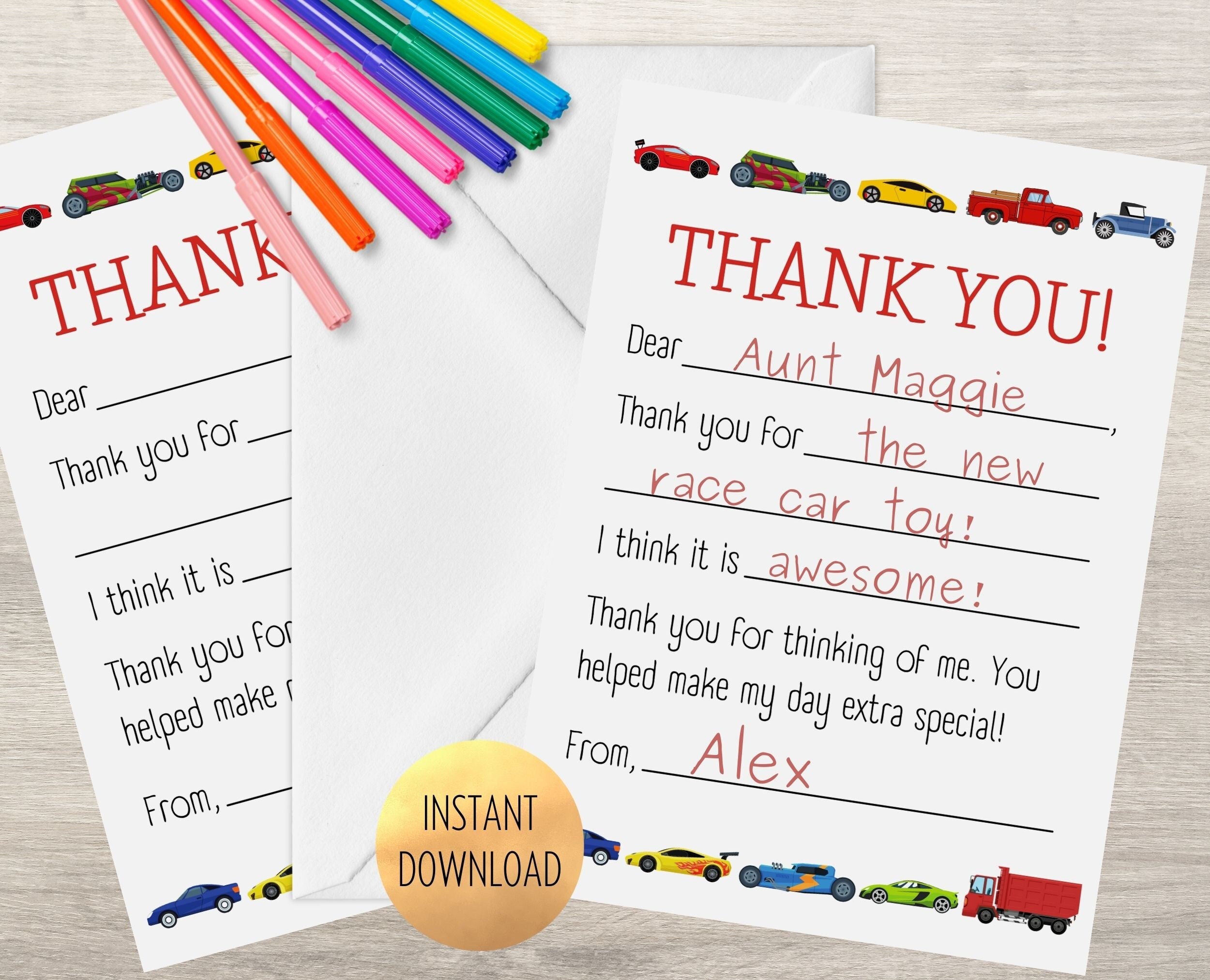 Printable Thank You Cards for Kids, Fill in the Blanks, Race Cars ...