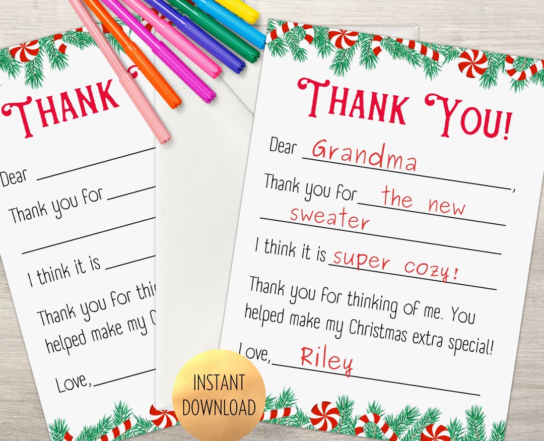 Printable Christmas Thank You Cards for Kids, Fill in the Blanks, DIY ...