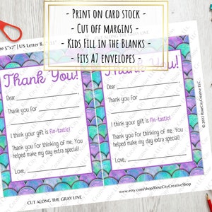 Printable Thank You Cards for Kids, Fill in the Blanks, Mermaid Thank ...
