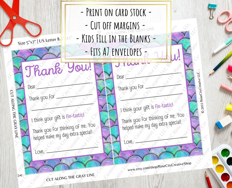 Printable Thank You Cards for Kids, Fill in the Blanks, Mermaid Thank ...