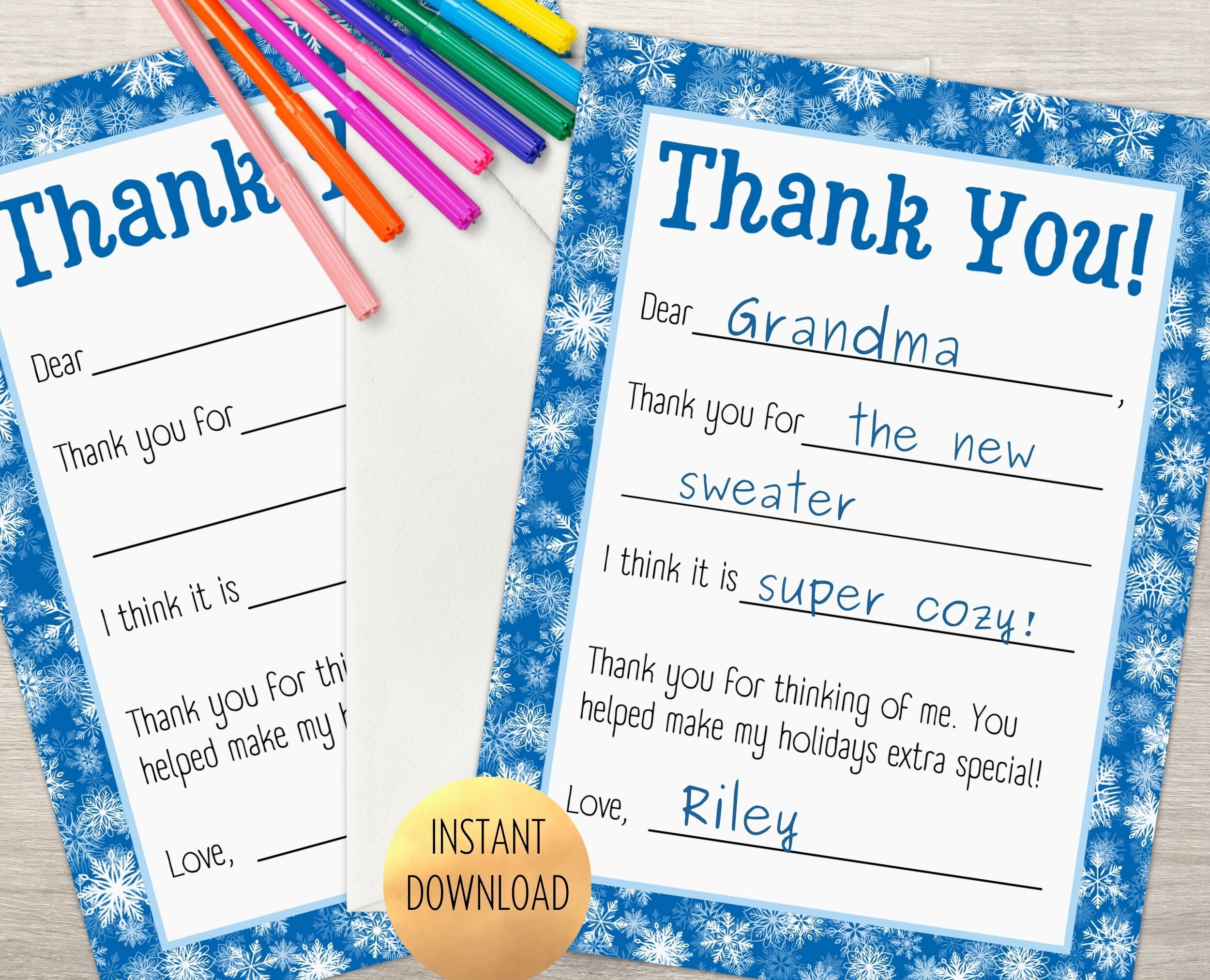 Printable Holiday Thank You Card for Kids, Snowflakes, Fill in the ...