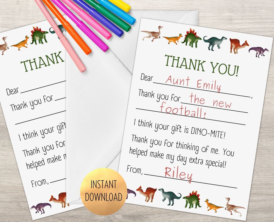 Printable Dinosaur Thank You Cards for Kids, Fill in the Blanks ...