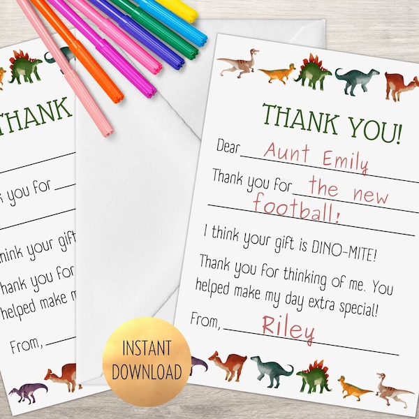 Dinosaur Kids Party Fill in the Blank Thank You Card - Etsy