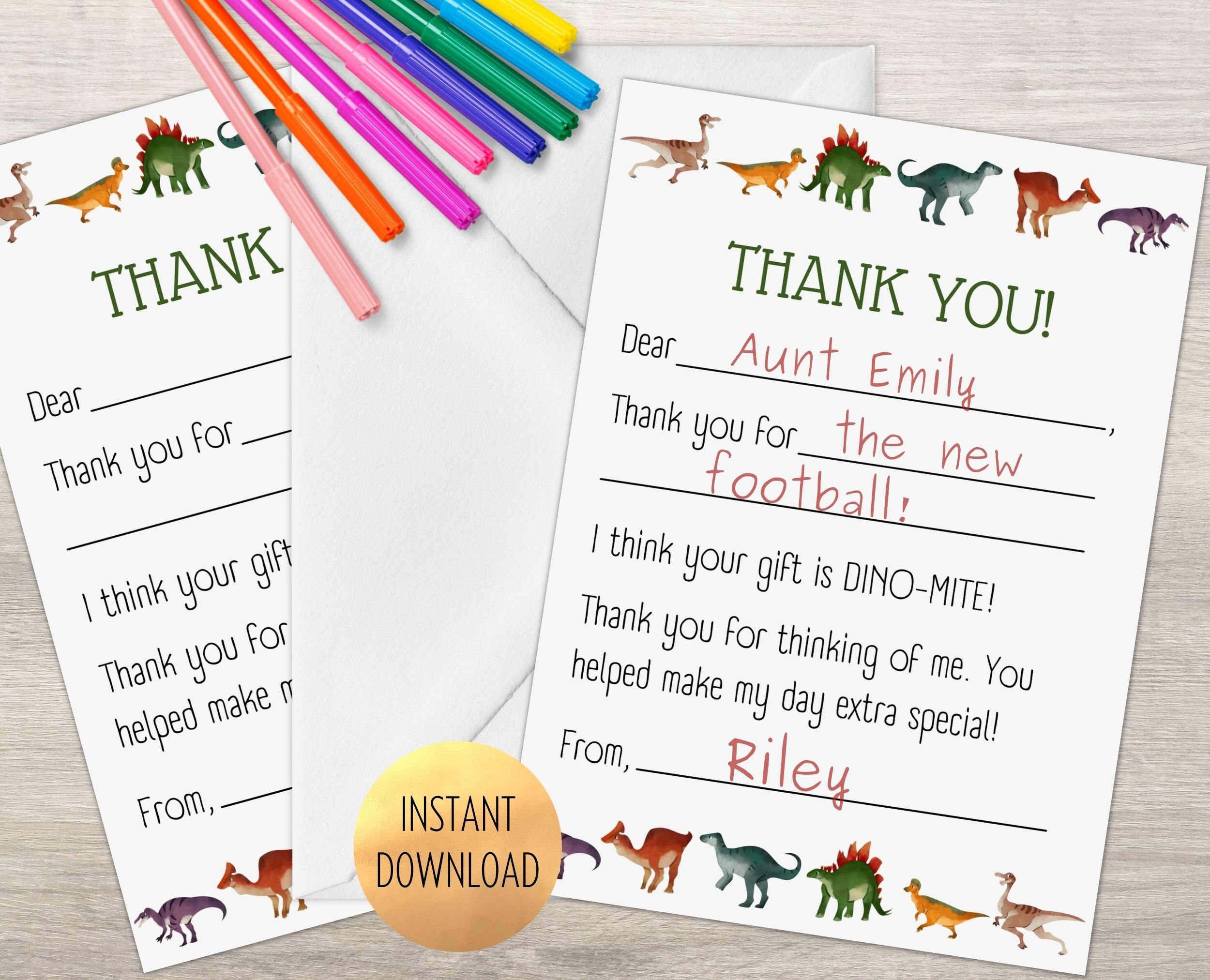 Printable Dinosaur Thank You Cards for Kids, Fill in the Blanks ...