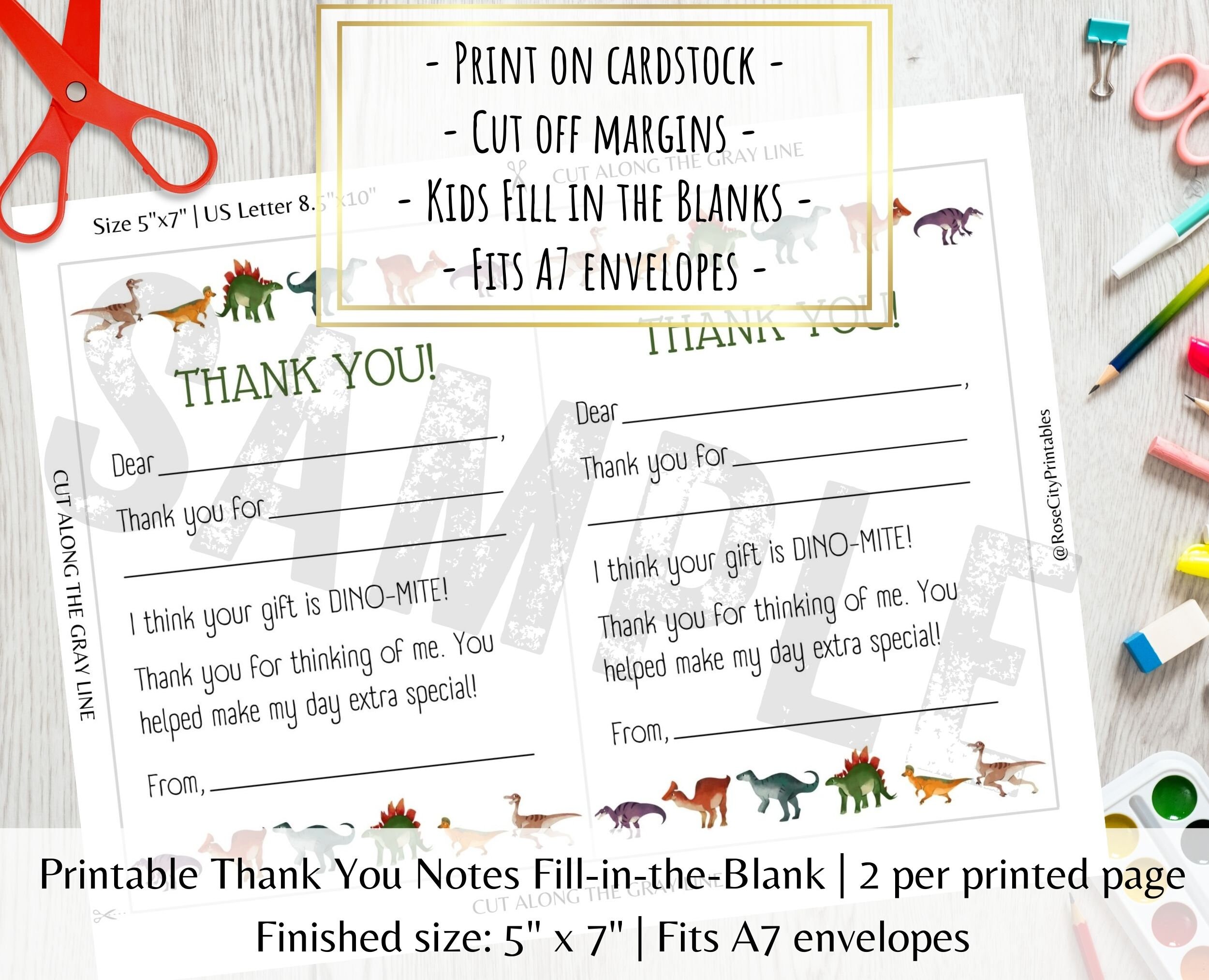Printable Dinosaur Thank You Cards for Kids, Fill in the Blanks ...