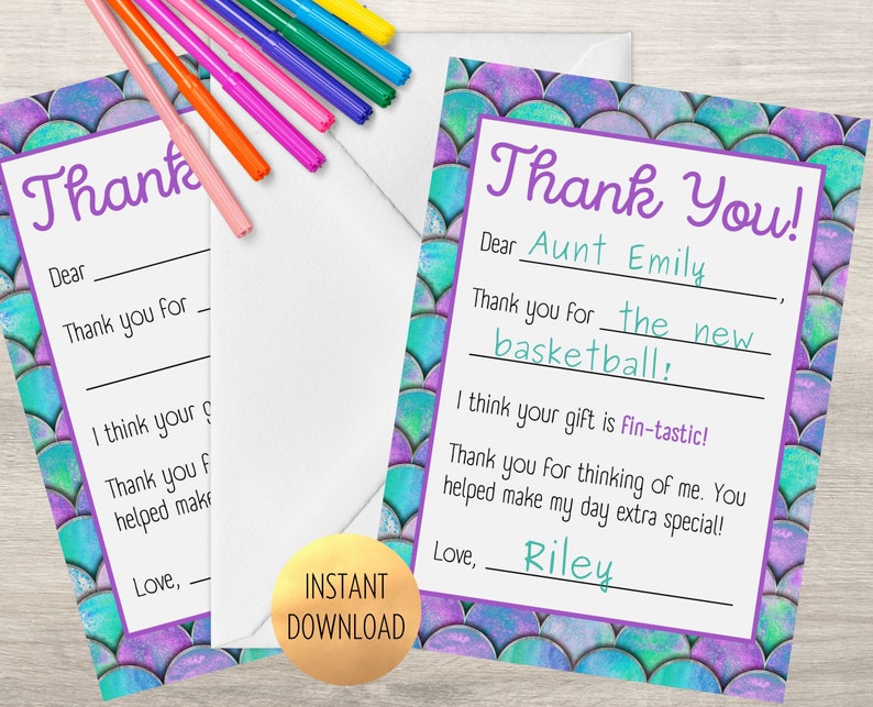 Printable Thank You Cards for Kids, Fill in the Blanks, Mermaid Thank ...