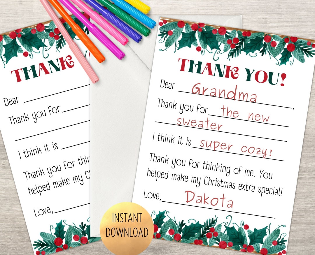 Christmas Thank You Cards for Kids, Fill in the Blanks, Printable Thank ...