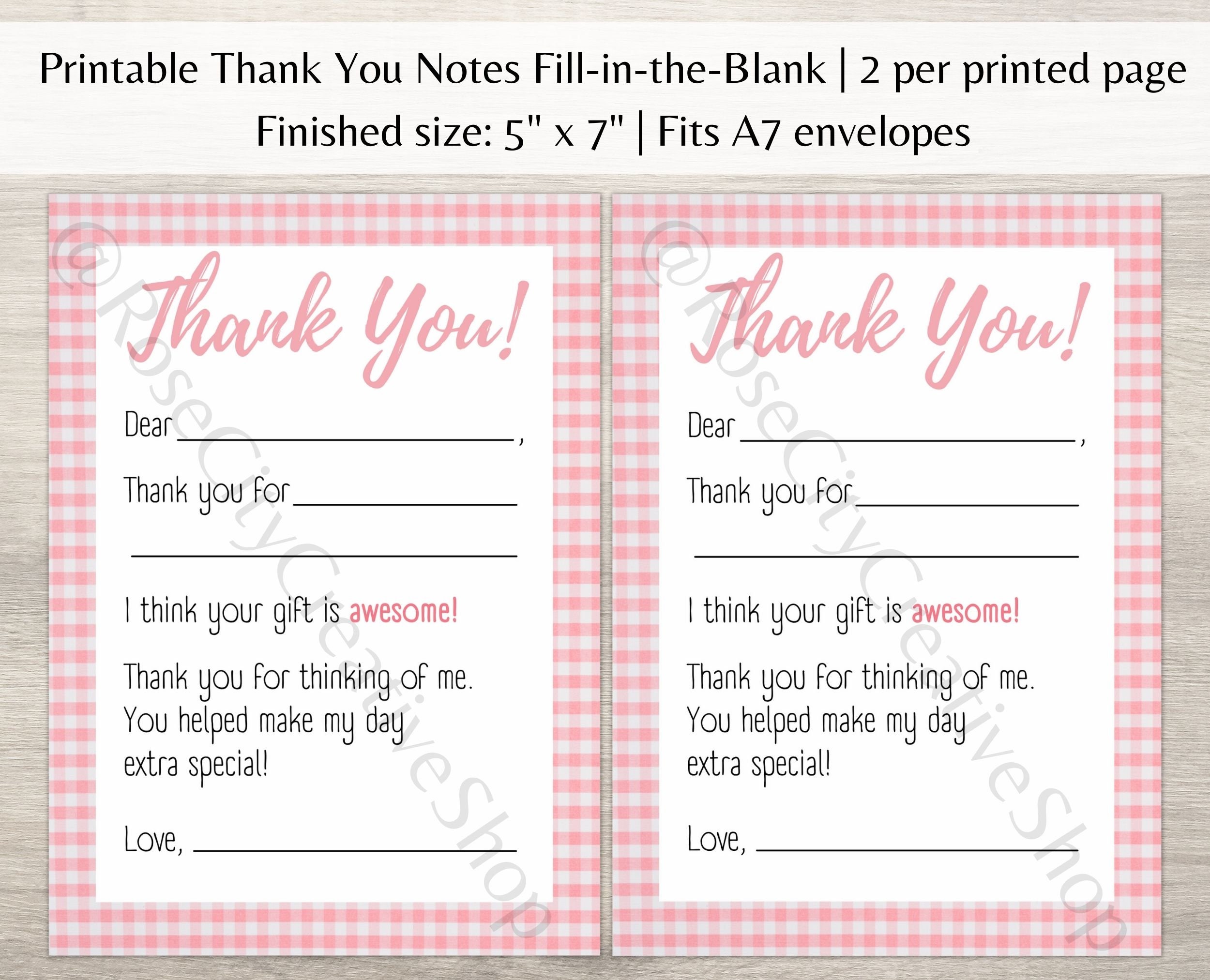 Printable Thank You Cards for Kids, Fill in the Blanks, Pink Gingham ...