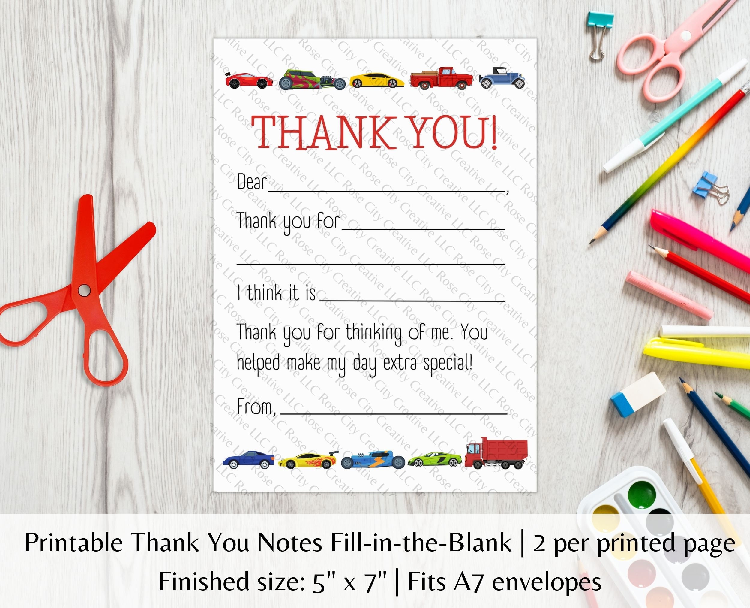 Printable Thank You Cards for Kids, Fill in the Blanks, Race Cars ...