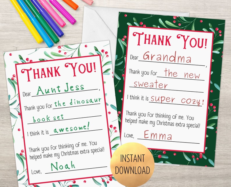 Printable Christmas Thank You Cards for Kids, Fill in the Blanks ...