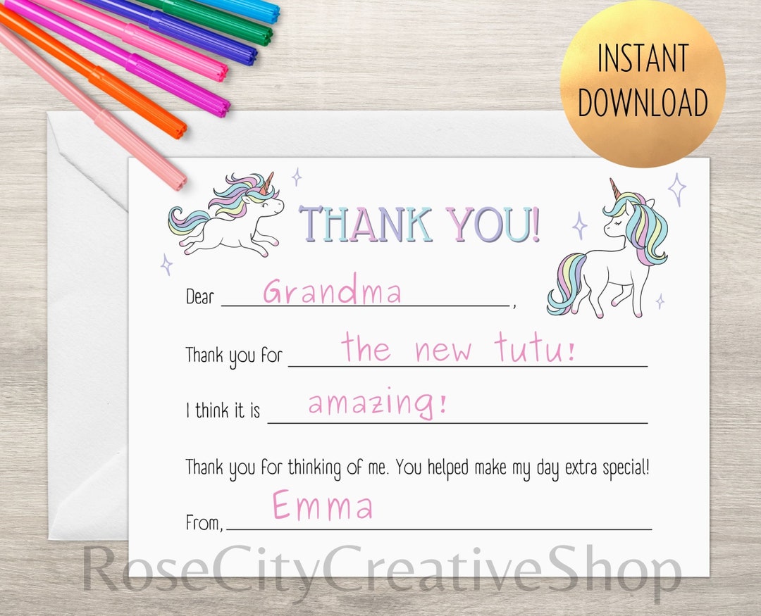 Printable Unicorn Thank You Card for Kids, Fill in the Blanks, Rainbow ...