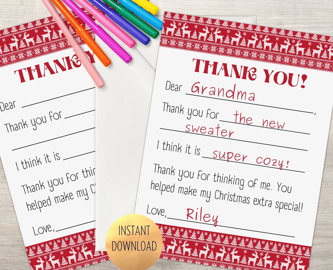 Printable Christmas Thank You Card for Kids, Fair Isle, Fill in the ...