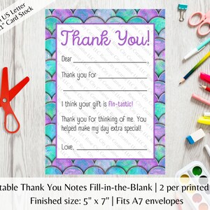 Printable Thank You Cards for Kids, Fill in the Blanks, Mermaid Thank ...