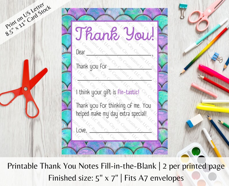 Printable Thank You Cards for Kids, Fill in the Blanks, Mermaid Thank ...