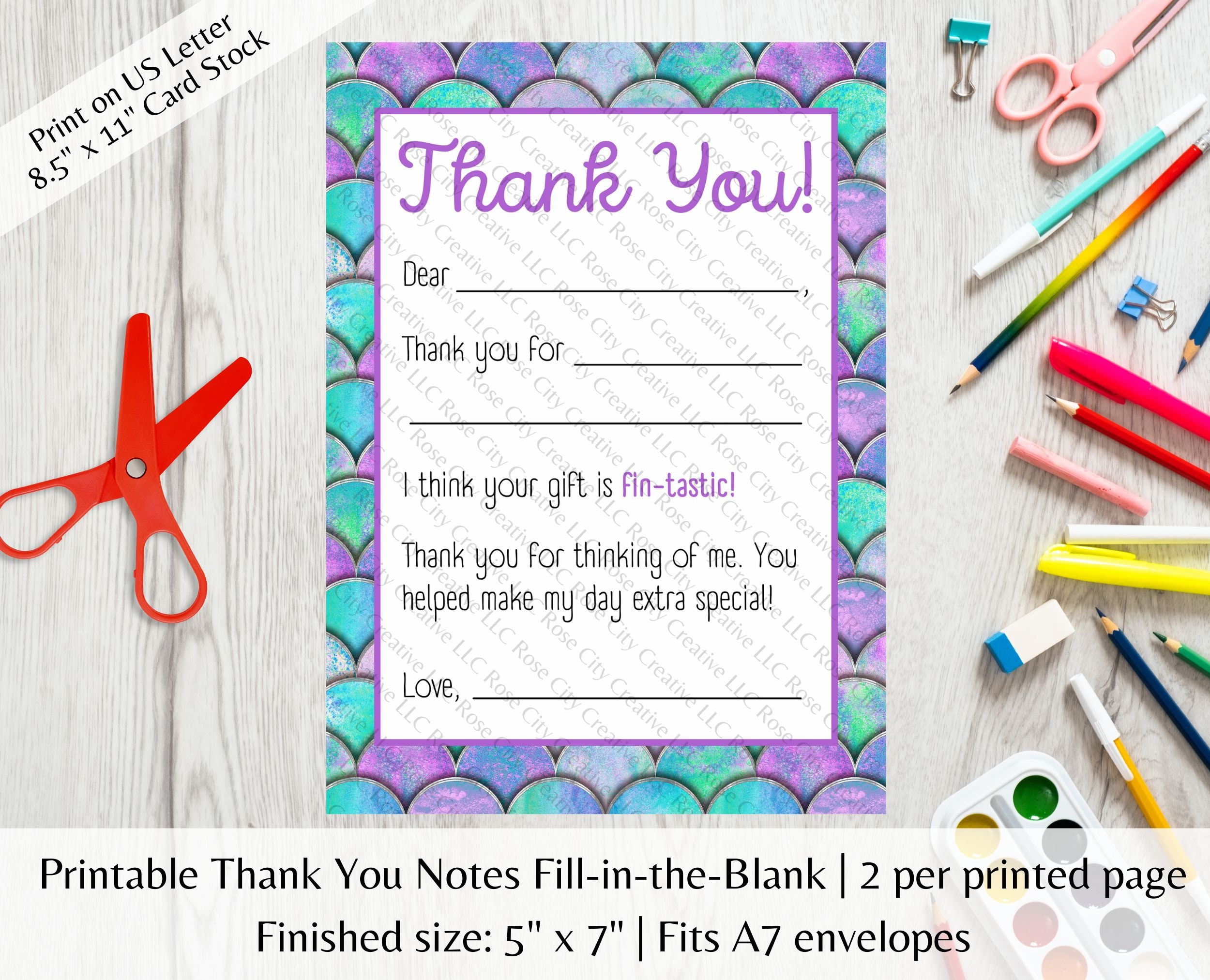 Printable Thank You Cards for Kids, Fill in the Blanks, Mermaid Thank ...