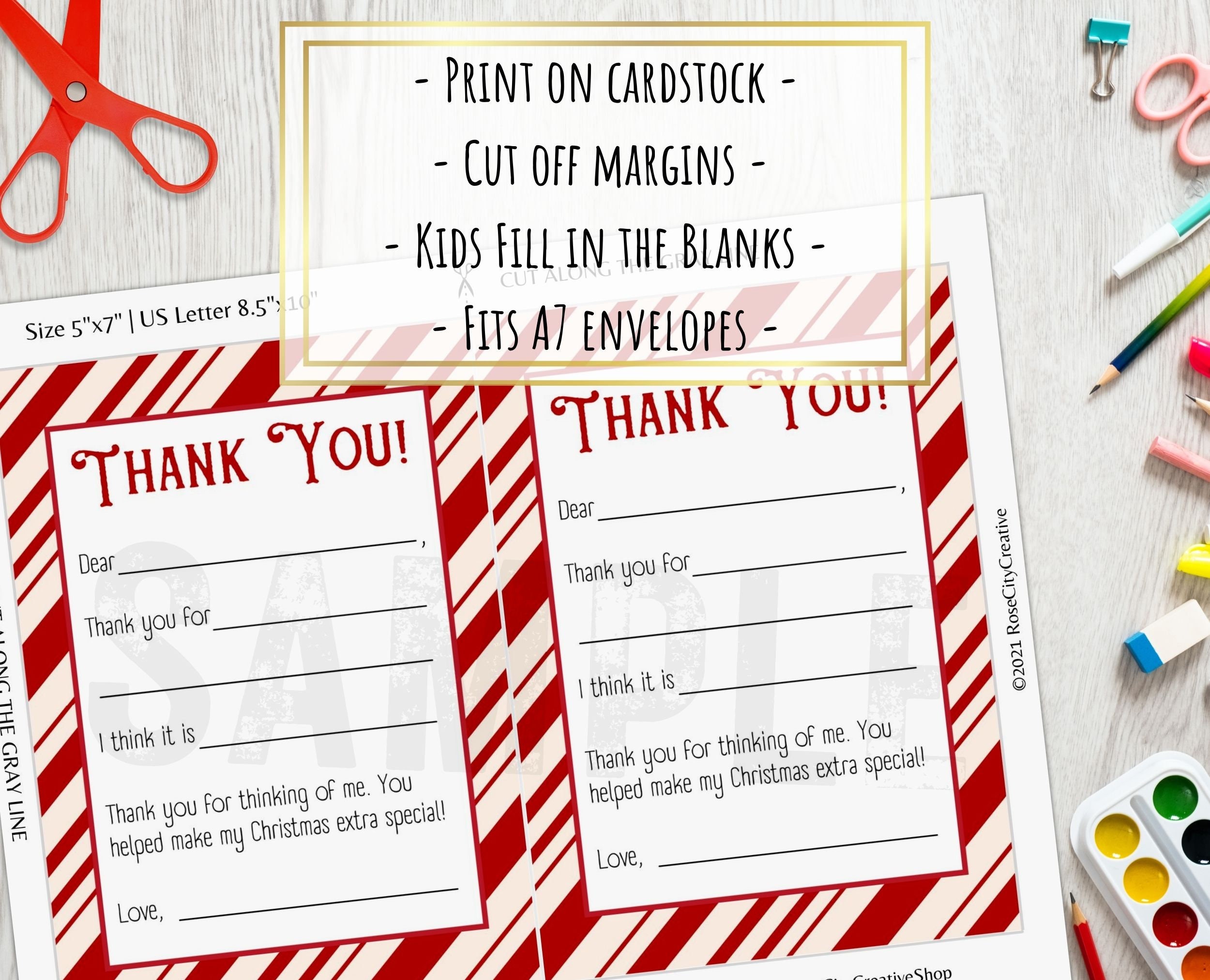 Printable Christmas Thank You Card for Kids, Candy Cane Stripes, Fill ...