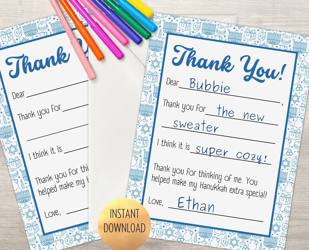 Hanukkah Thank You Cards for Kids, Printable Hanukkah Thank You Note ...