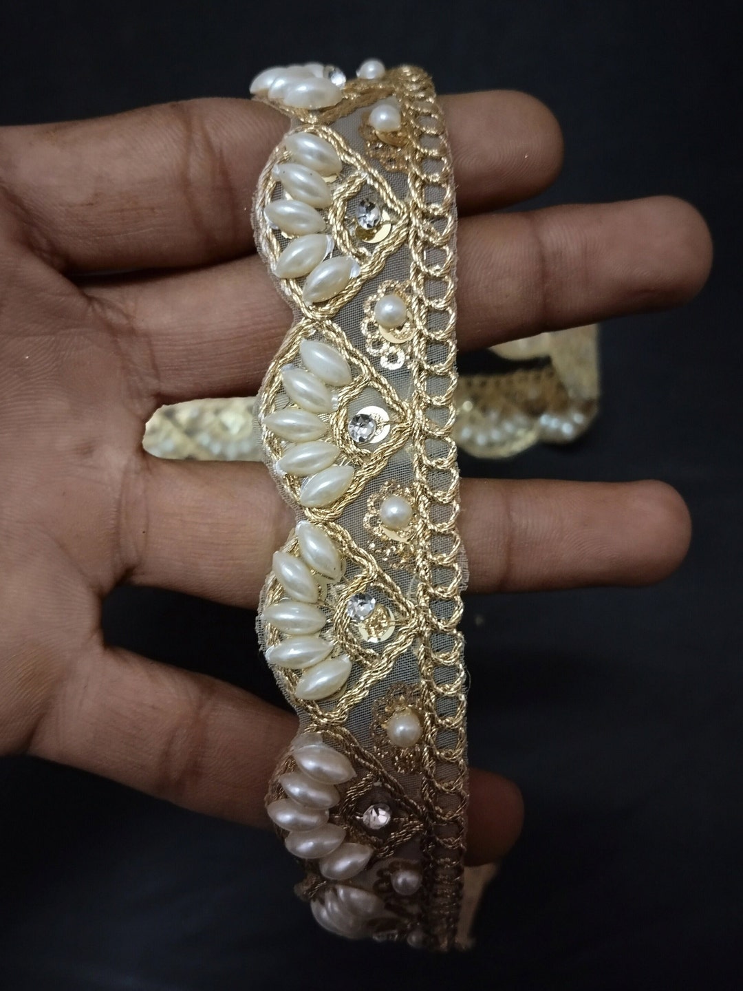 9 Yards Narrow 1 Golden Beaded Pearl Trim Lace, Dupatta Saree Suit Border Ribbon Lace, Indian ...