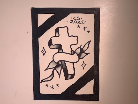 Traditional Tattoo Flash Cross With Banner Design 5x7 In. - Etsy Australia