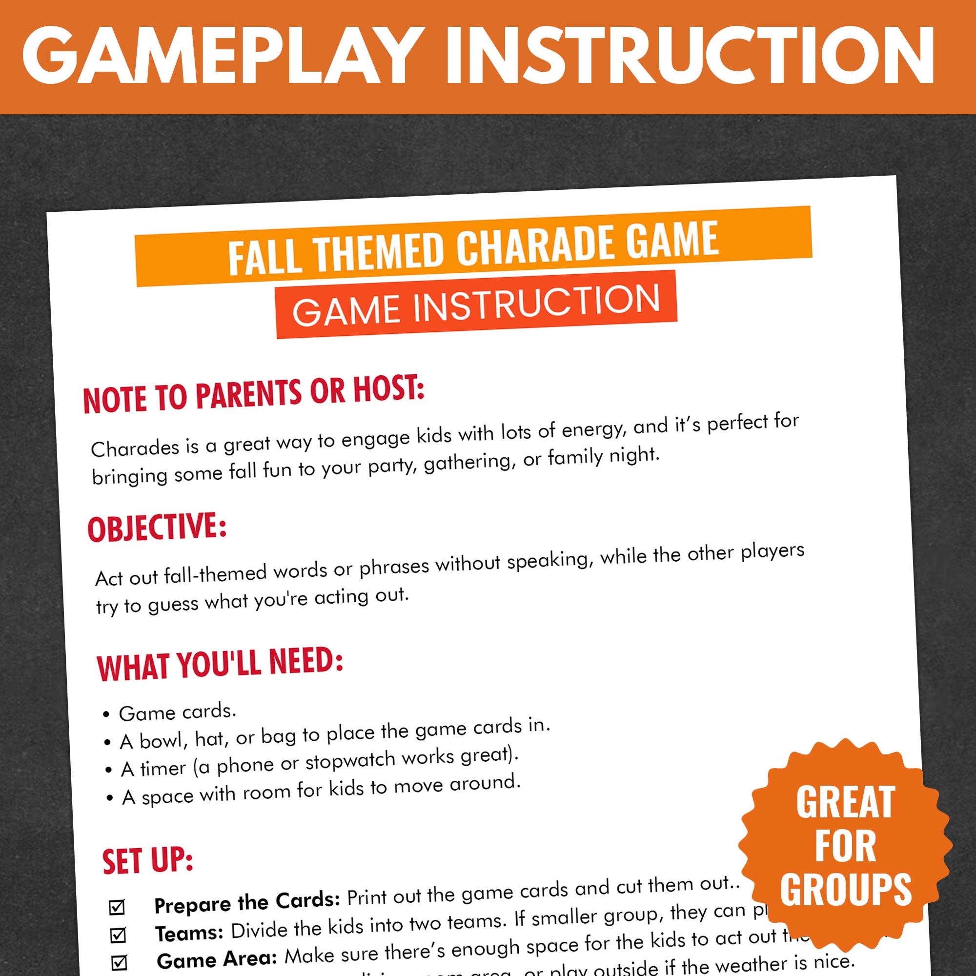 Fall Charade Game, Autumn Action Charades, Group Games, Family Team ...