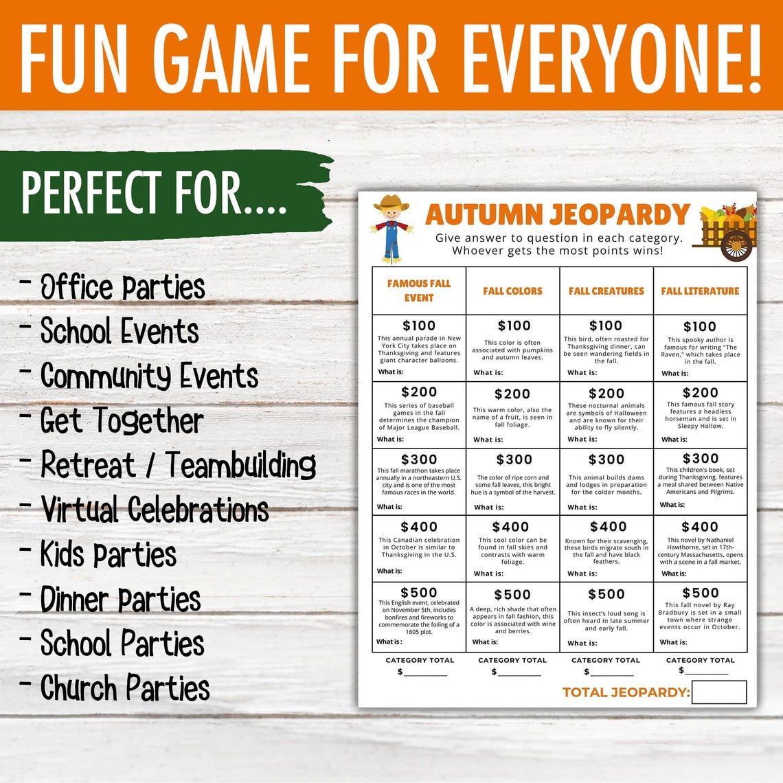 Autumn Jeopardy Game, Fall Trivia, Teens & Seniors (printable) - Etsy