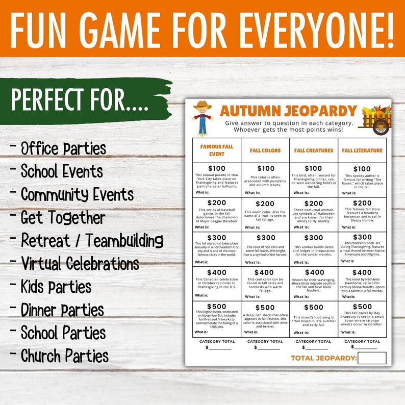 Autumn Jeopardy Game, Thanksgiving Games, Fall Trivia Game, Seniors ...