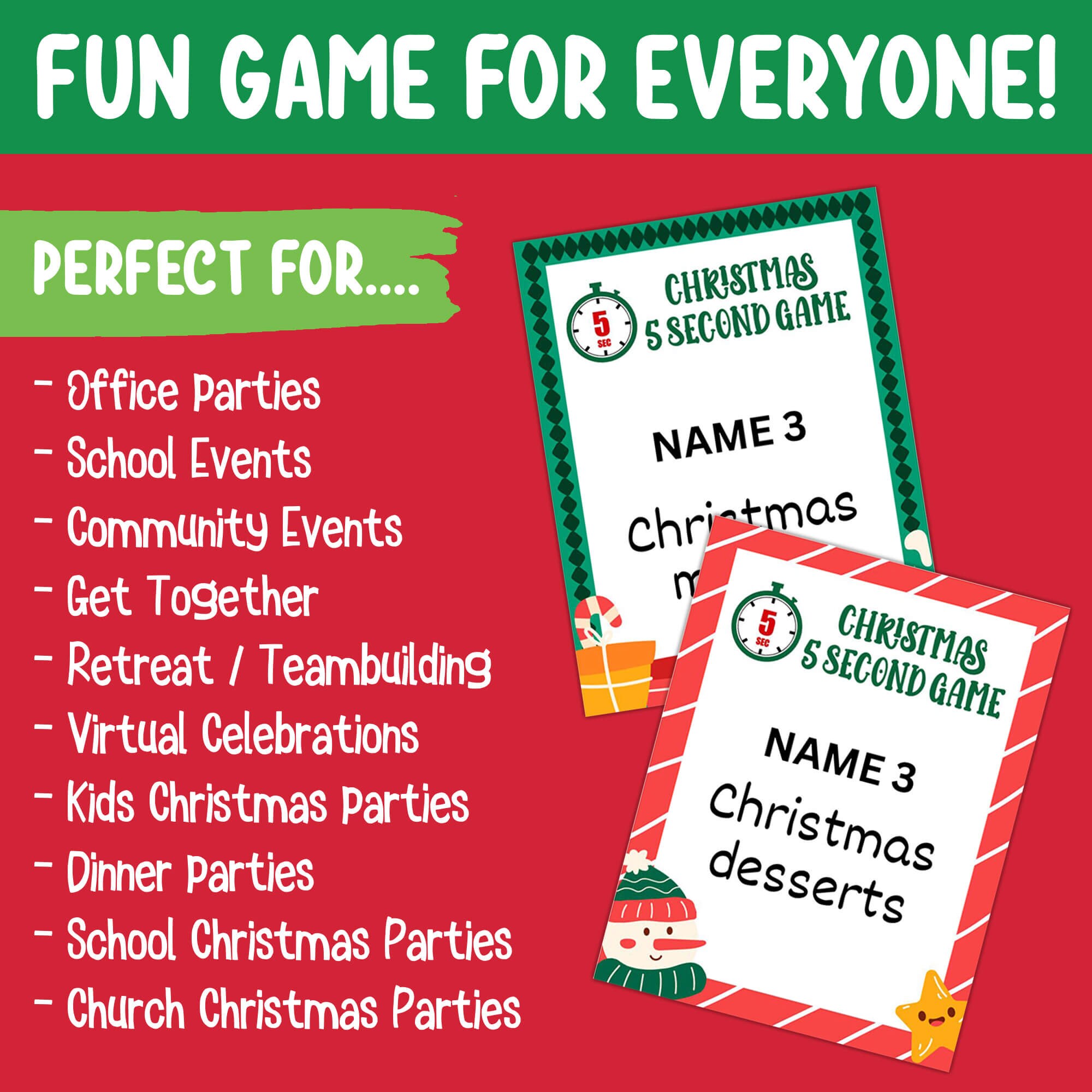 Christmas 5 Second Game | Printable Holiday Party Activity (135 Cards ...