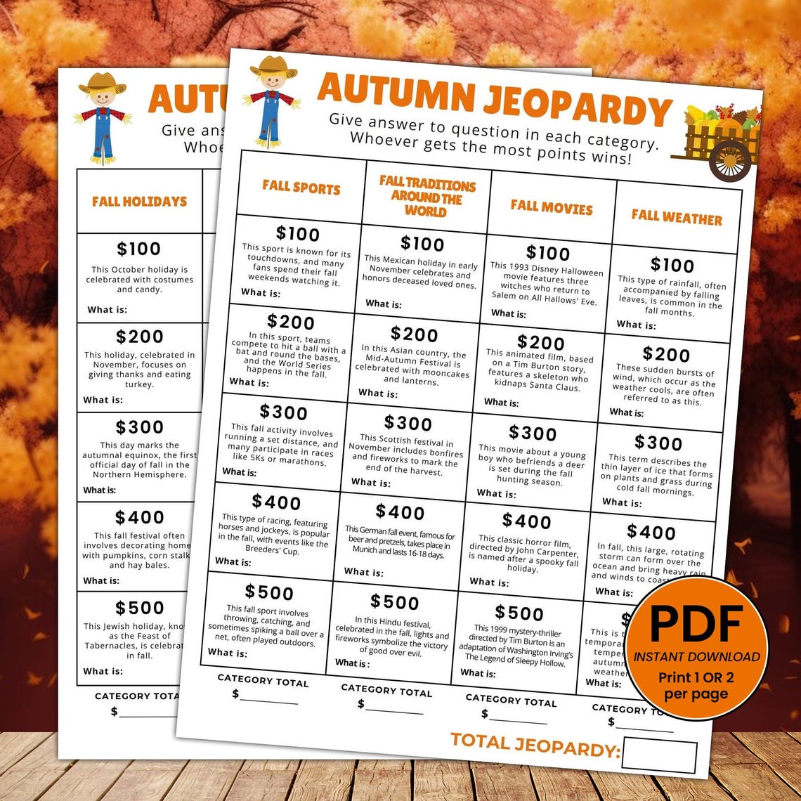 Autumn Jeopardy Game, Fall Trivia, Teens & Seniors (printable) - Etsy