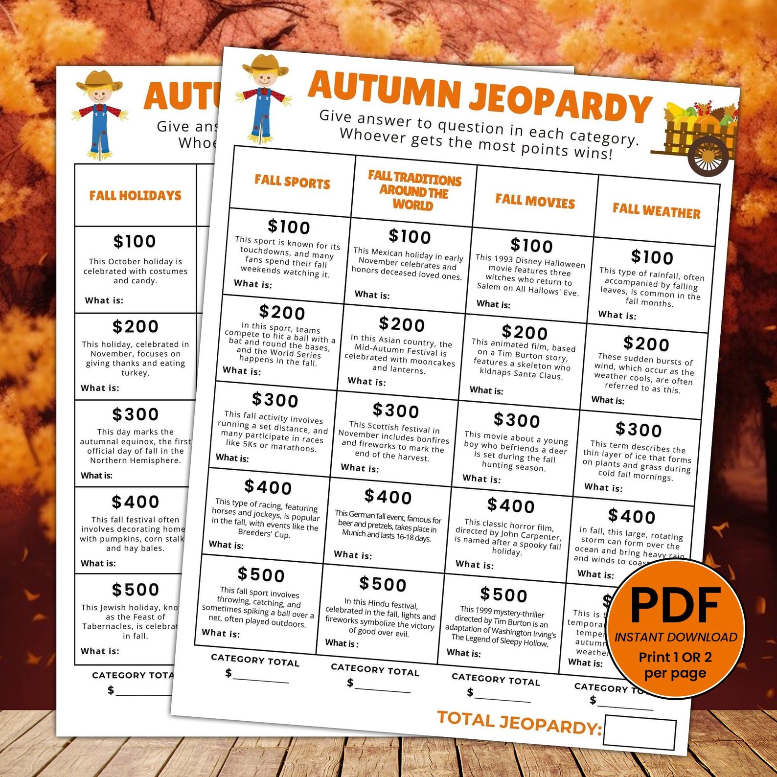 Autumn Jeopardy Game, Fall Trivia, Teens & Seniors (printable) - Etsy