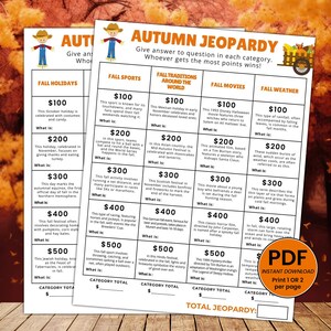 Autumn Jeopardy Game, Fall Trivia, Teens & Seniors (printable) - Etsy