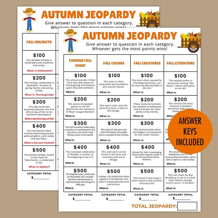 Autumn Jeopardy Game, Fall Trivia, Teens & Seniors (printable) - Etsy
